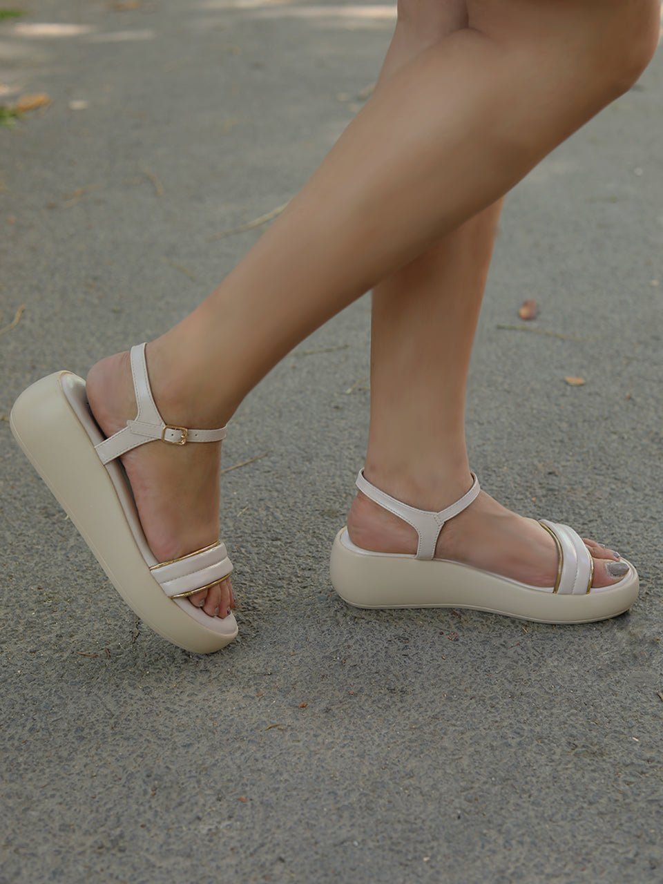 Meera Curvy Sleek Strap Cream 2.5 inch Flatform Sandals For Women ...